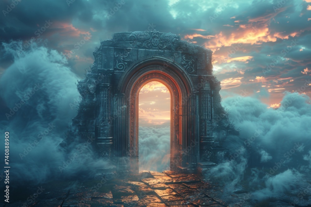 Heavenly gates opening over dystopian city contrast of hope and despair ...