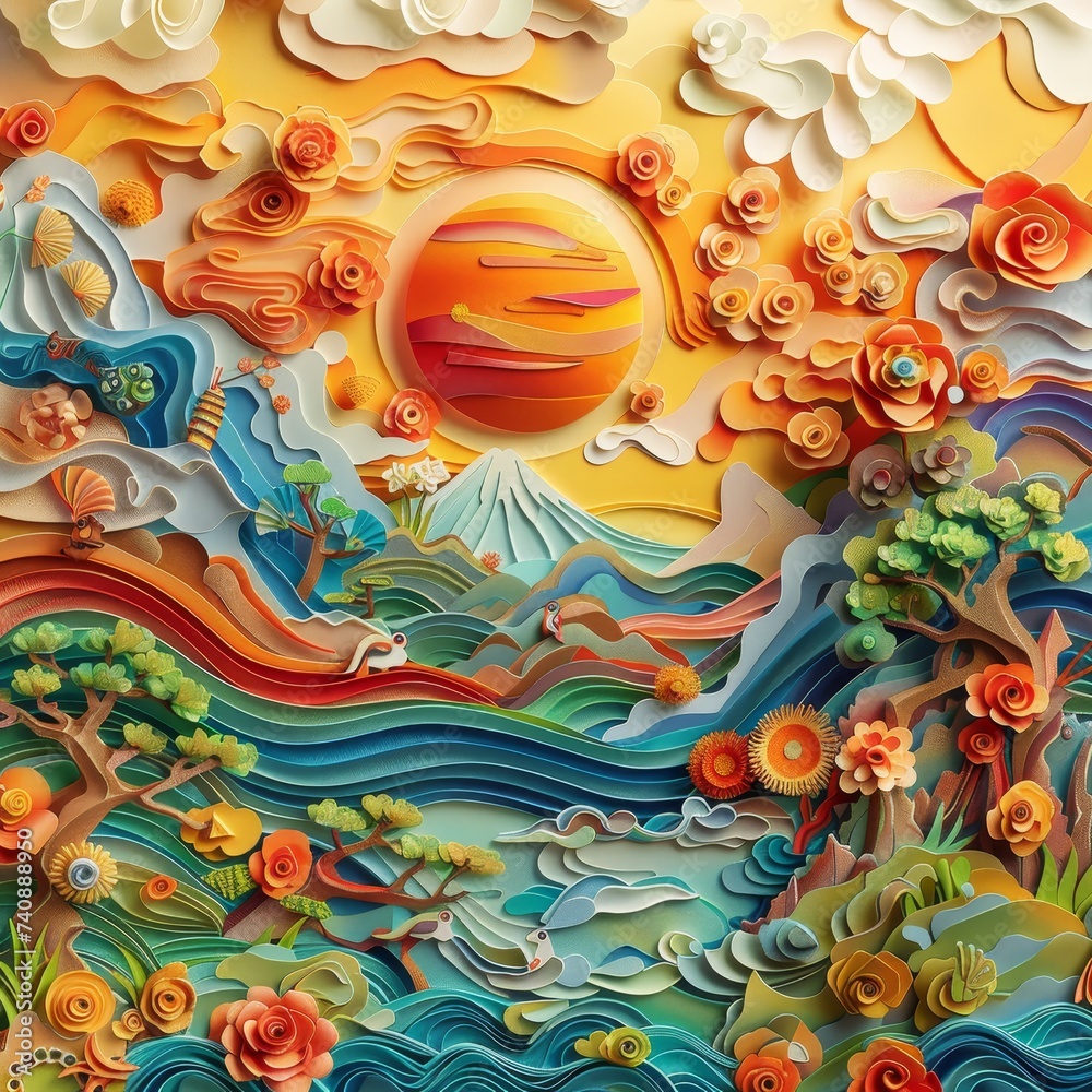 This captivating 3D paper art masterpiece features a layered sunset ...