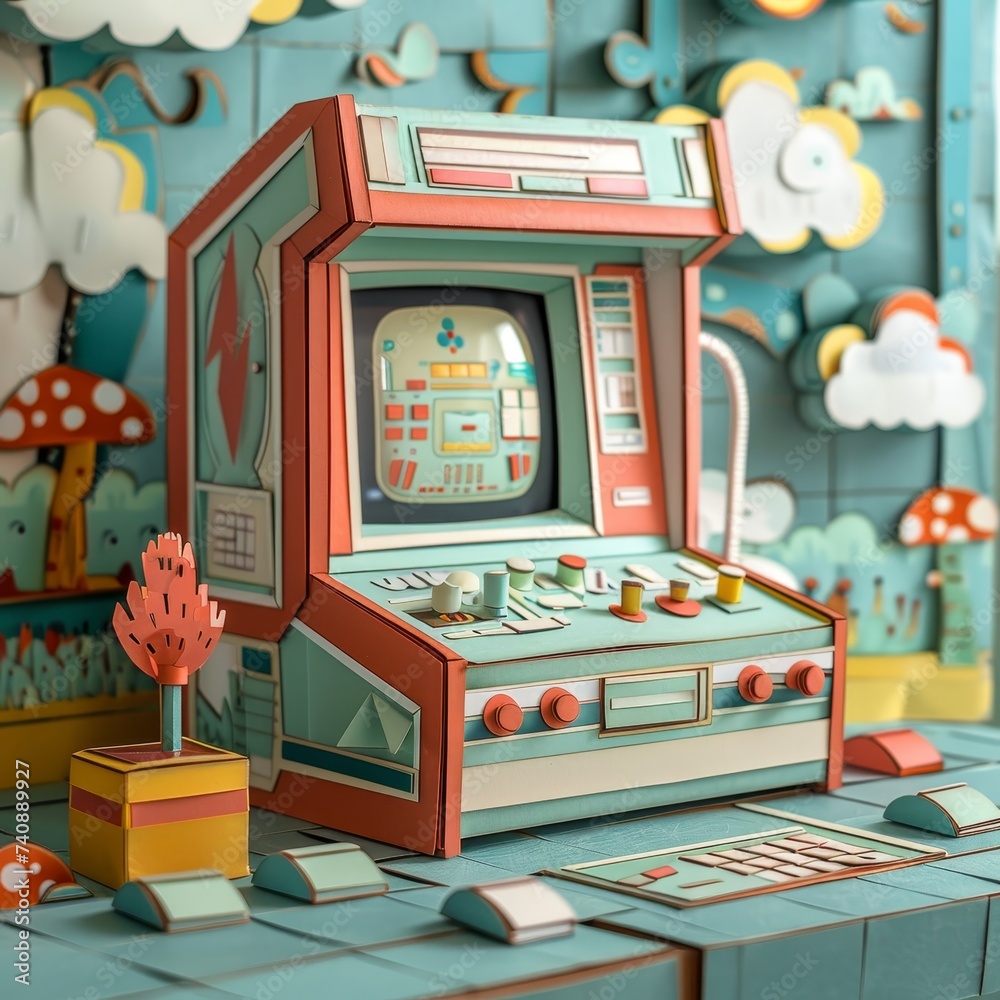 A detailed retro computer setup crafted from paper, complete with ...