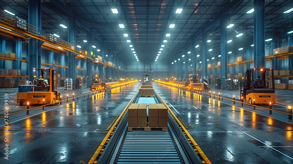 Warehouse interior with shelves, pallets, boxes and loader. Created ...