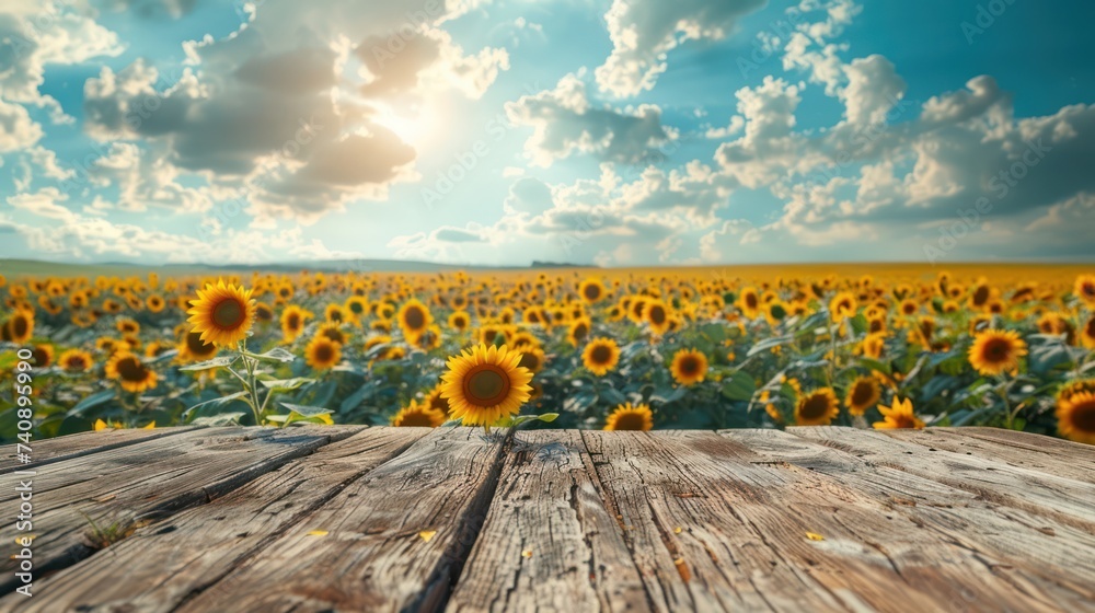 Platform and natural backdrop with sunflower field Cloud and sky ...