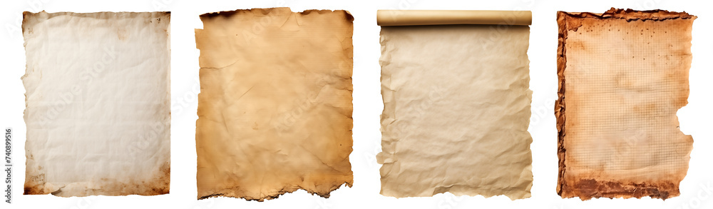 Collection set of vintage aged paper scroll parchment, old texture torn ...