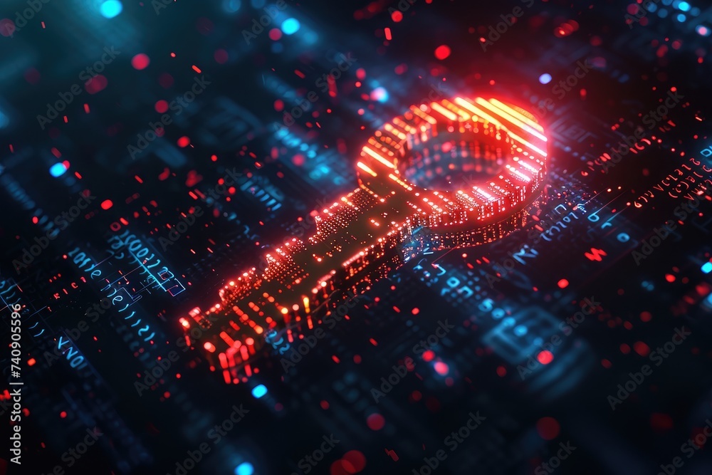 A close-up photo of a magnifying glass placed on top of a digital binary code background ...