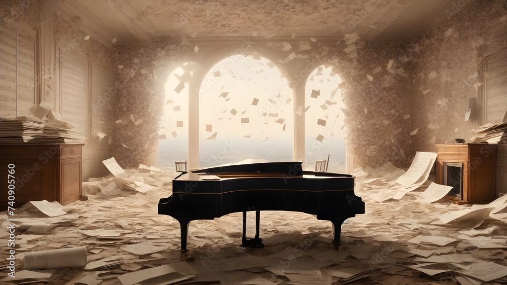 grand piano in the room. A room filled with lots of papers and musical ...