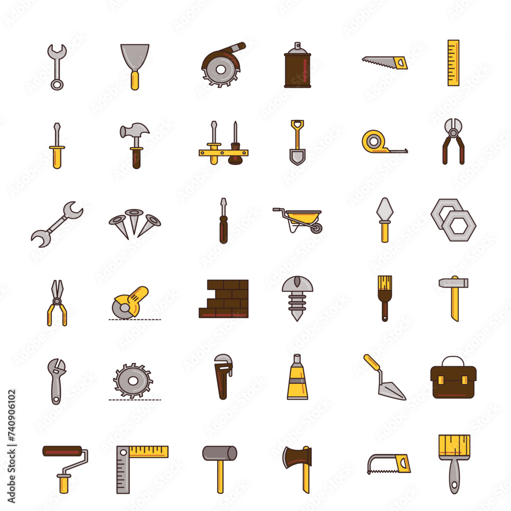 Repair tools and construction equipments line and fill icon set vector ...
