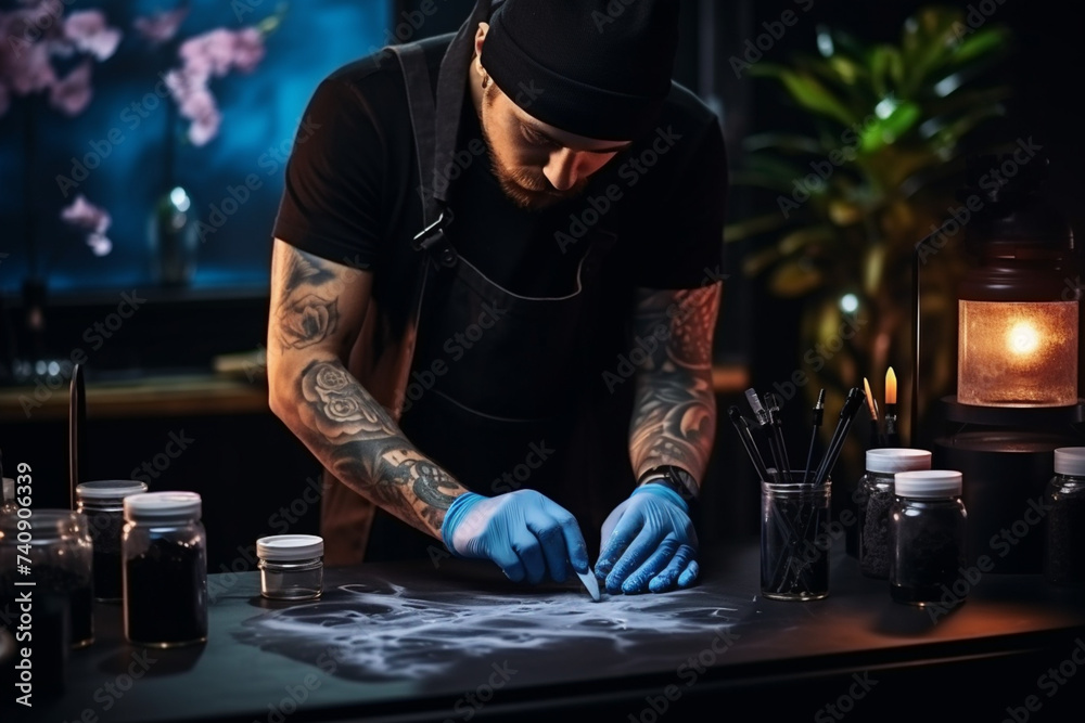 Professional male tattoo artist in black gloves makes ink and mixes ...