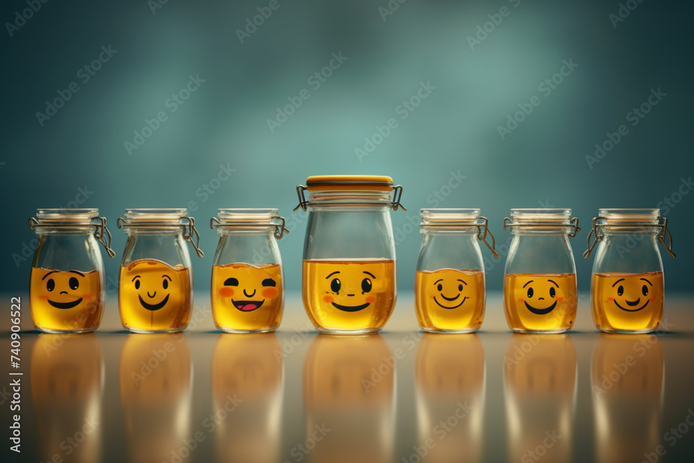 Set of emoji emoticons with sad and happy mood in jar glass, evaluation ...