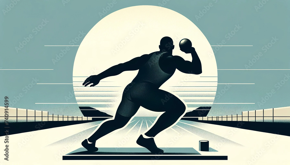 Artistic silhouette of a shot put athlete preparing to throw, against a ...