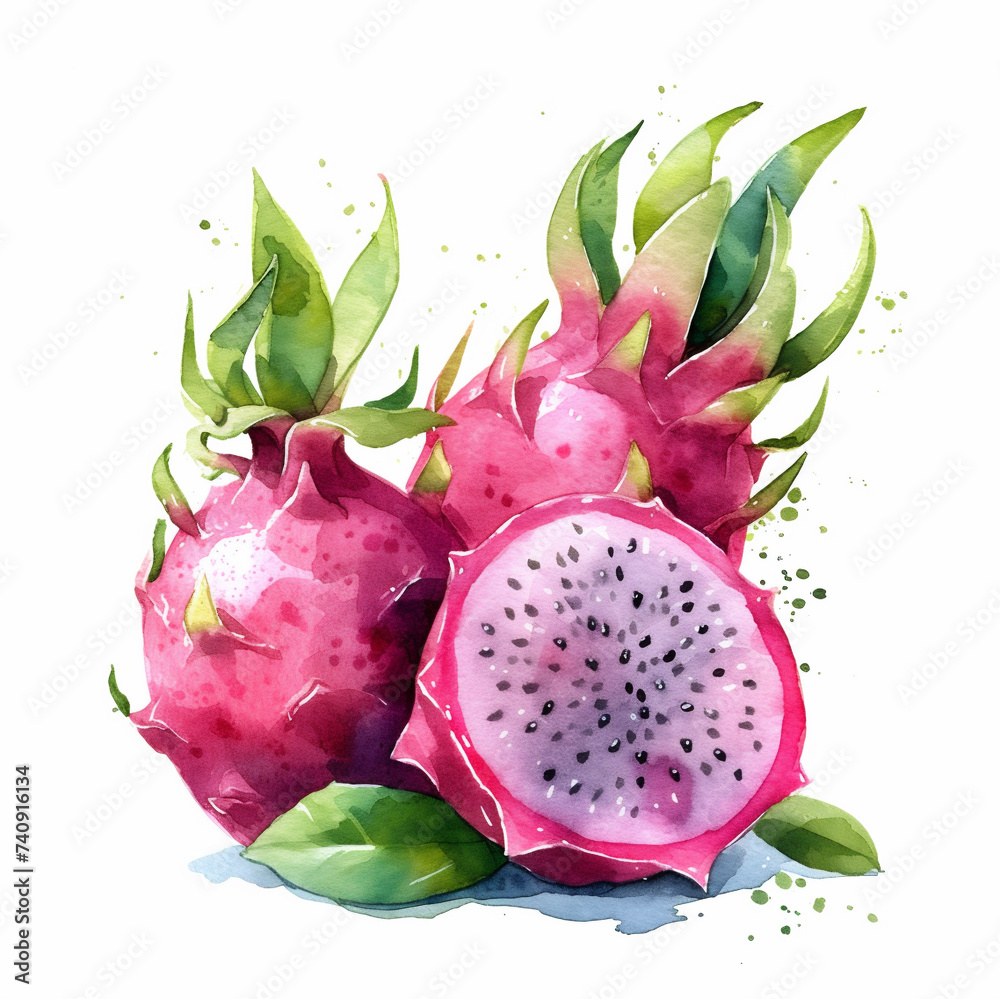 Watercolor exotic dragon fruit with leaves botanical clip art ...
