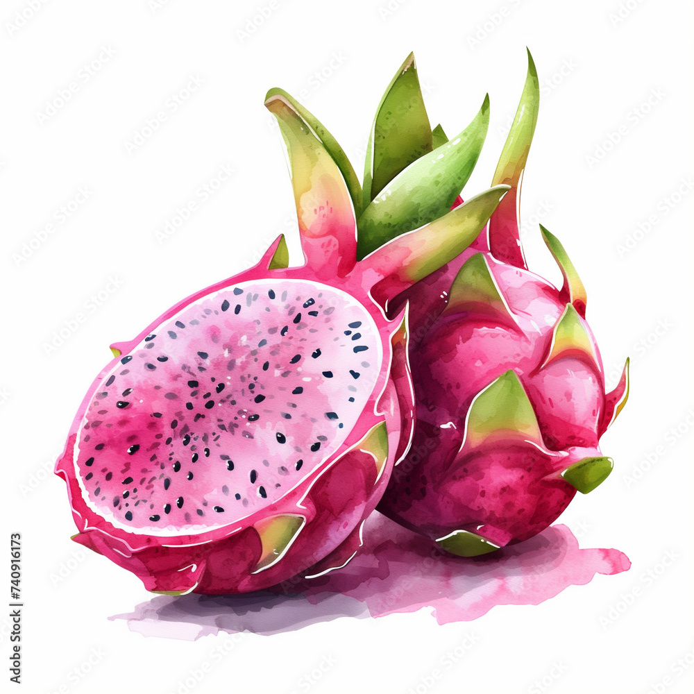 Watercolor exotic dragon fruit with leaves botanical clip art ...