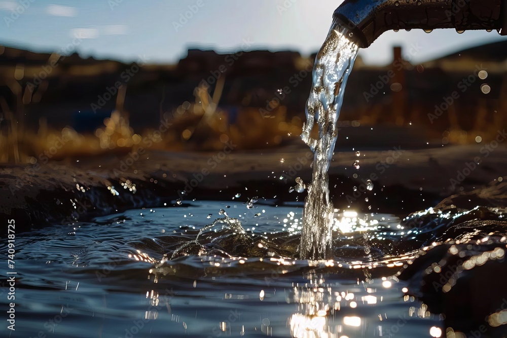 Water pouring from a modern faucet Highlighting issues of water ...