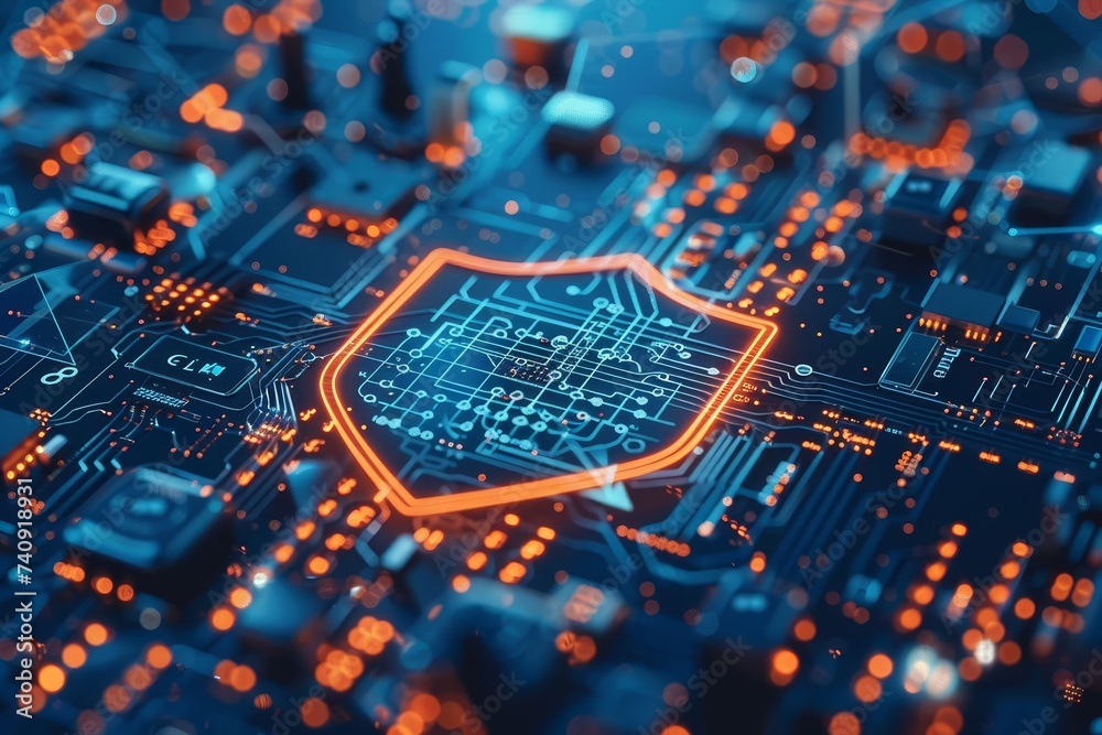 Advanced cyber security concept visualized with a shield and digital ...