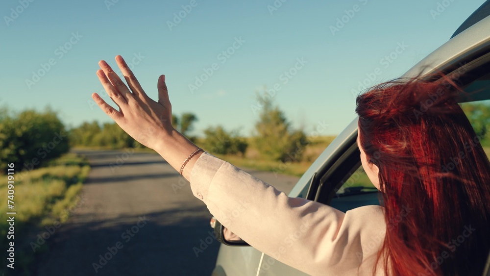 girl rides car with her hand out window, wind freedom sunset, girl ...