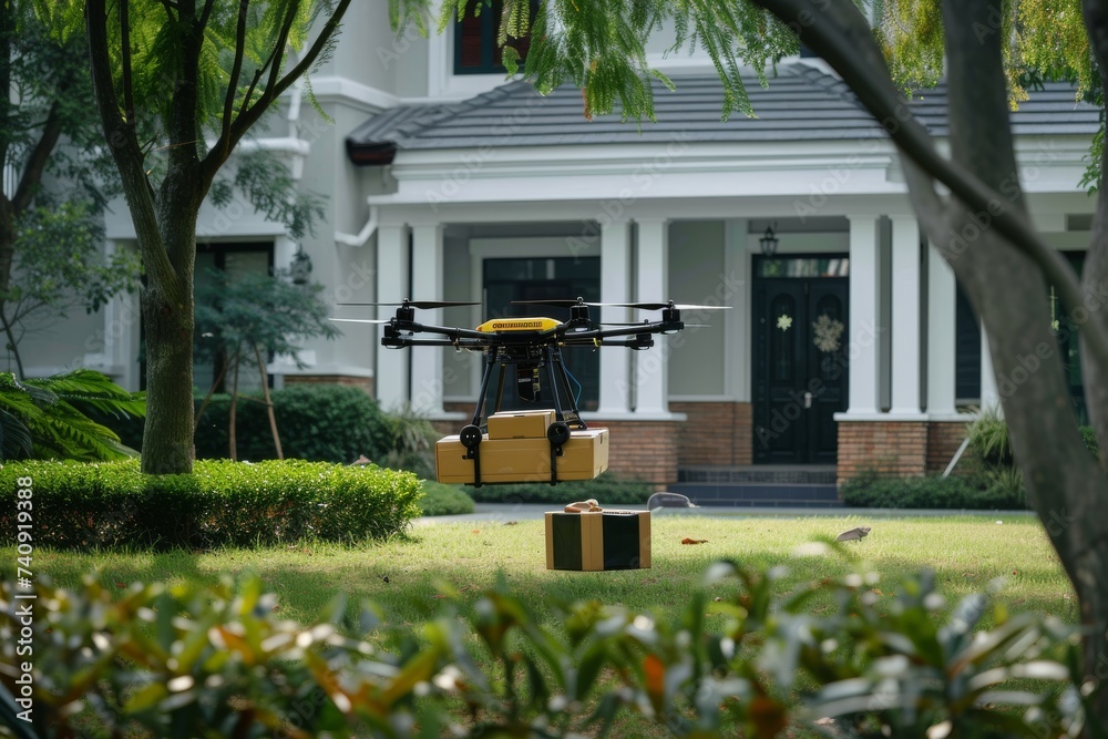 Smart package Drone Delivery organ transport drone. Box shipping v2v ...