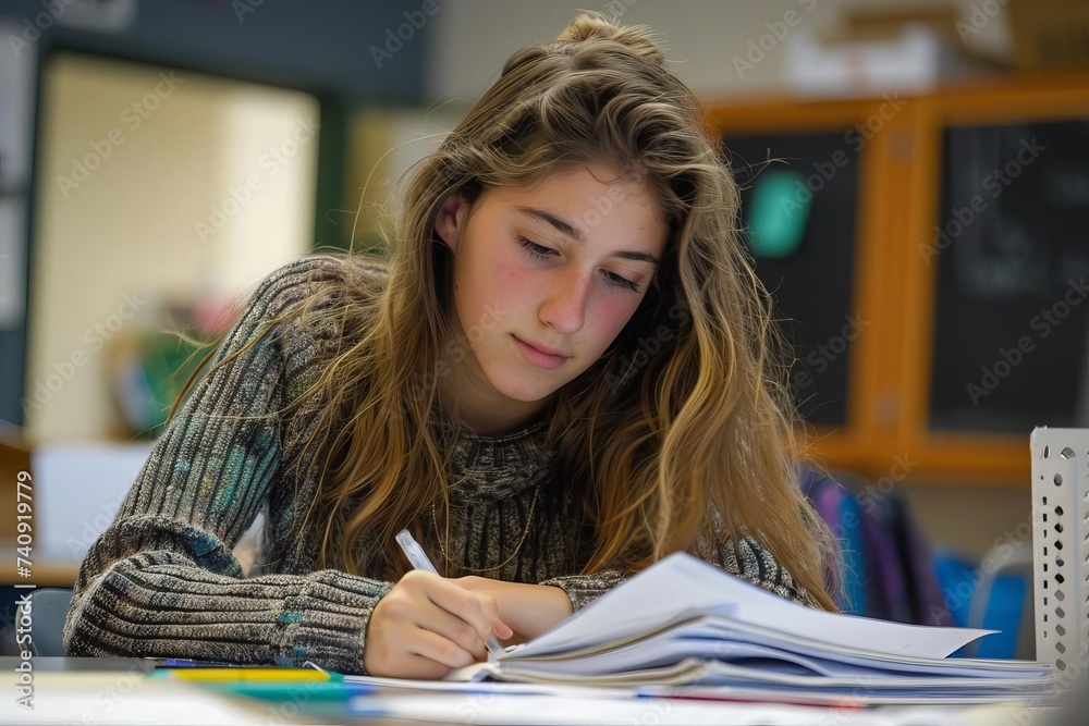 Focused female student Engaging in educational activities in a ...