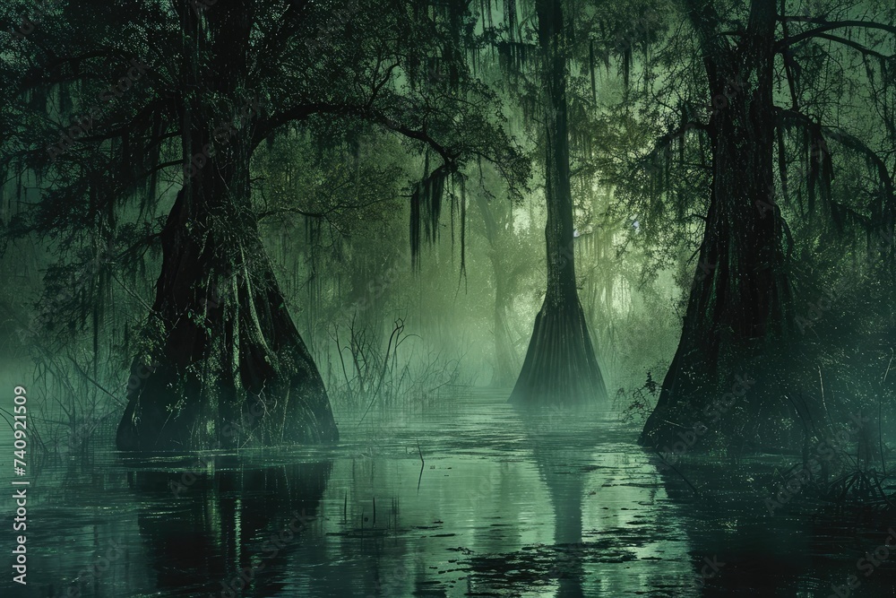 This photo showcases a dense swamp teeming with countless trees and an ...