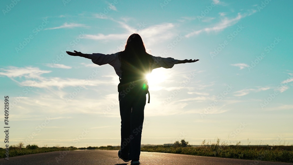 girl traveling with backpack sunset, family sun, hiking girl asphalt ...