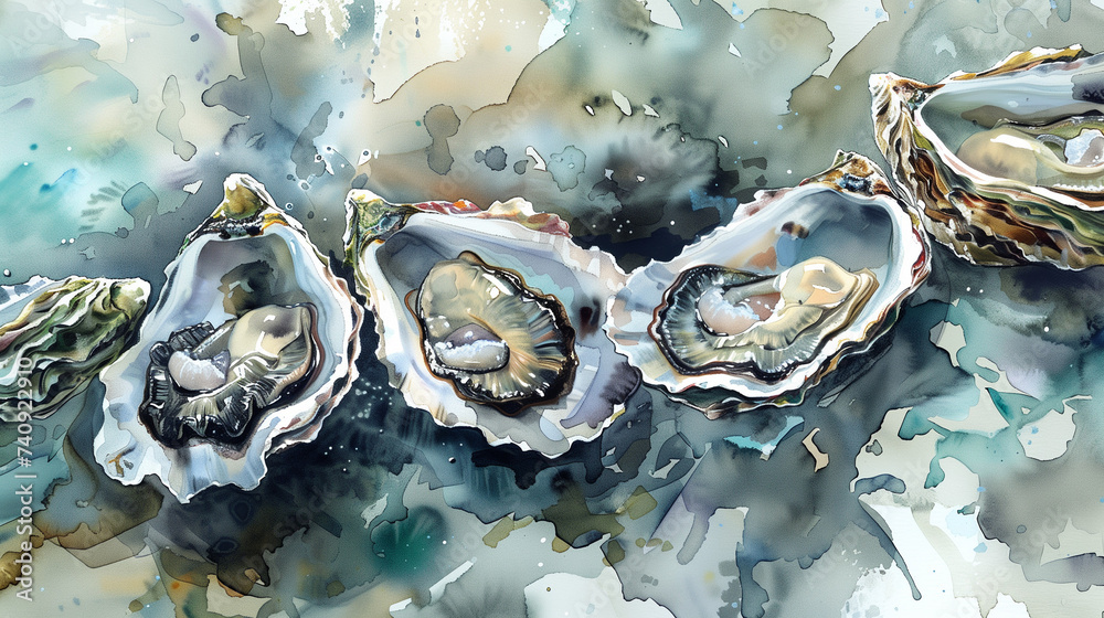 Watercolor illustration of various types of oysters, artistic and ...
