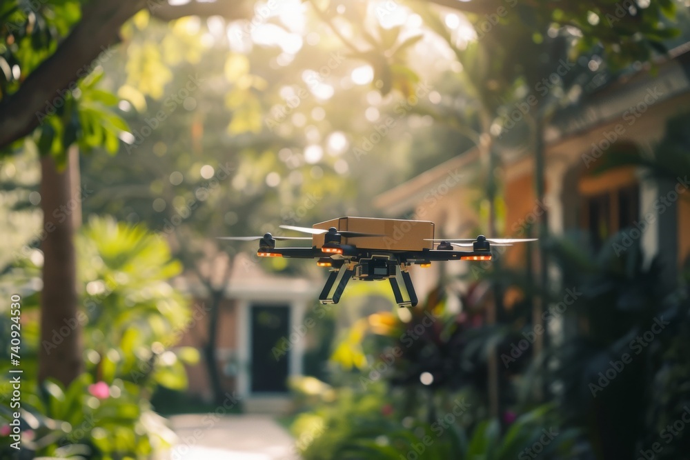 Smart package Drone Delivery smart governance. Box shipping furniture ...