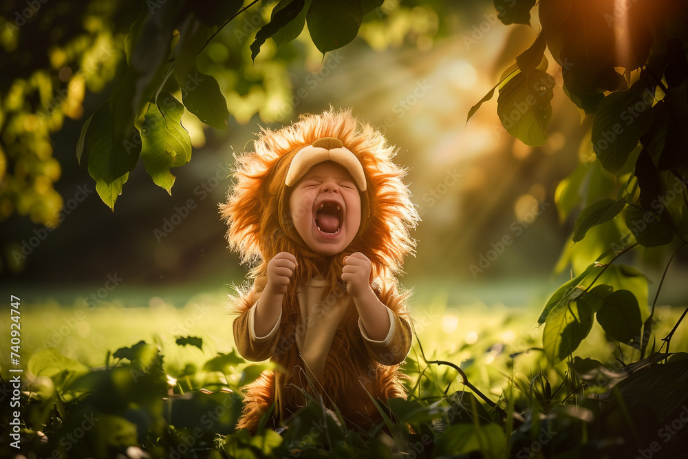 Child dressed as majestic lion is roaring playfully in a lush green ...