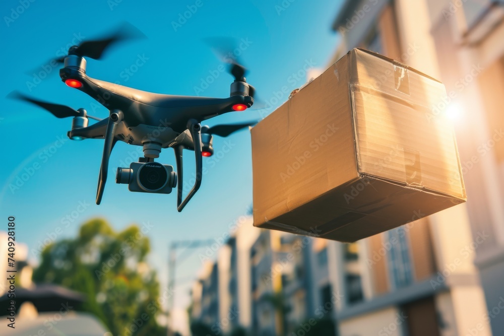 Smart package Drone Delivery delivery notification. Box shipping drone ...
