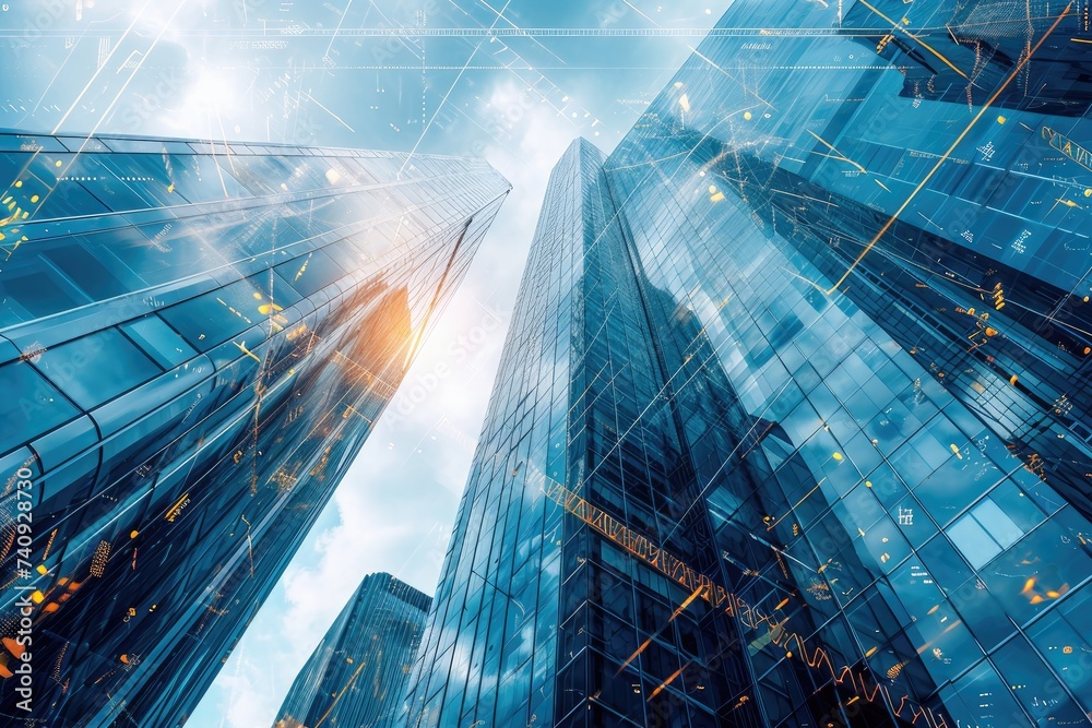 A cluster of modern skyscrapers towering over a bustling metropolitan ...