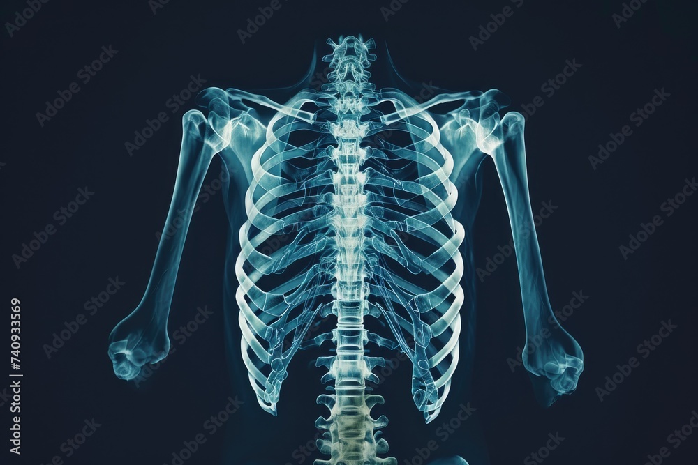 This x-ray image depicts a detailed view of a human skeleton ...