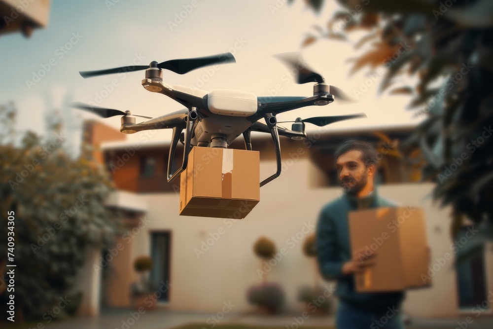 Smart package Drone Delivery urbanization management. Parcel defense drone delivery box smart ...