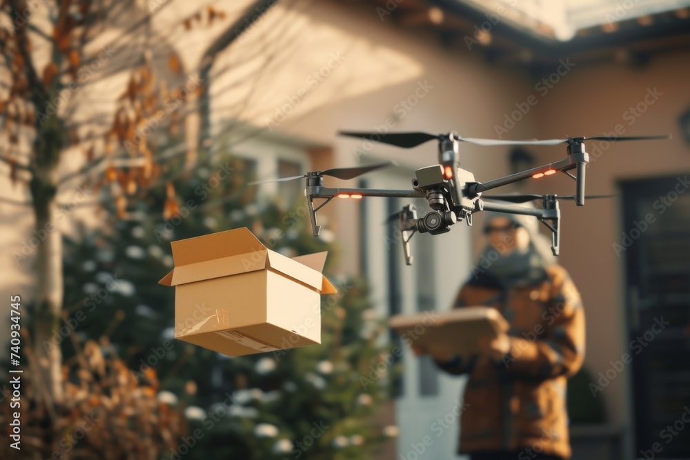 Smart package Drone Delivery sustainable delivery. Box shipping tech ...