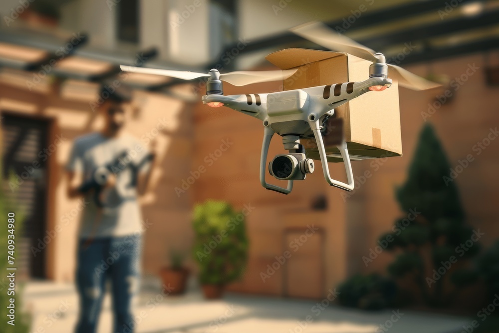 Smart package Drone Delivery herding drone. Box shipping smart parking ...