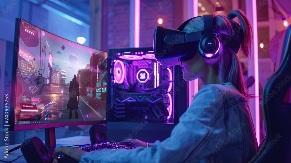 A futuristic gaming setup featuring a high-end PC with RGB lighting ...