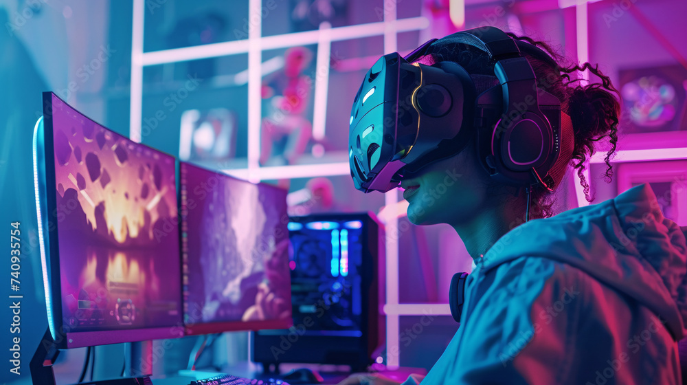 A futuristic gaming setup featuring a high-end PC with RGB lighting ...