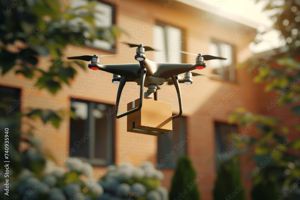 Smart package Drone Delivery urbanization planning. Box shipping parcel ...