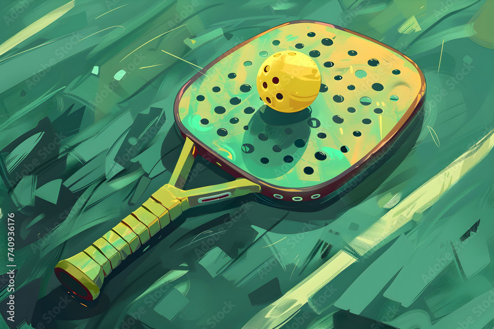Pickleball racket and ball 2D illustration. Artistic pickleball paddle ...