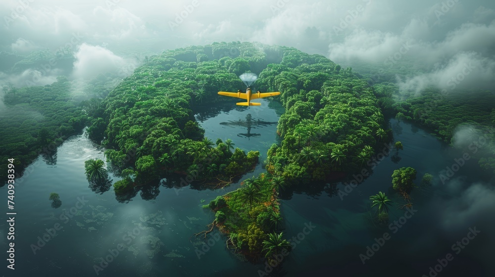 3d simulation of dense rainforest vegetation with lakes in a shape of ...