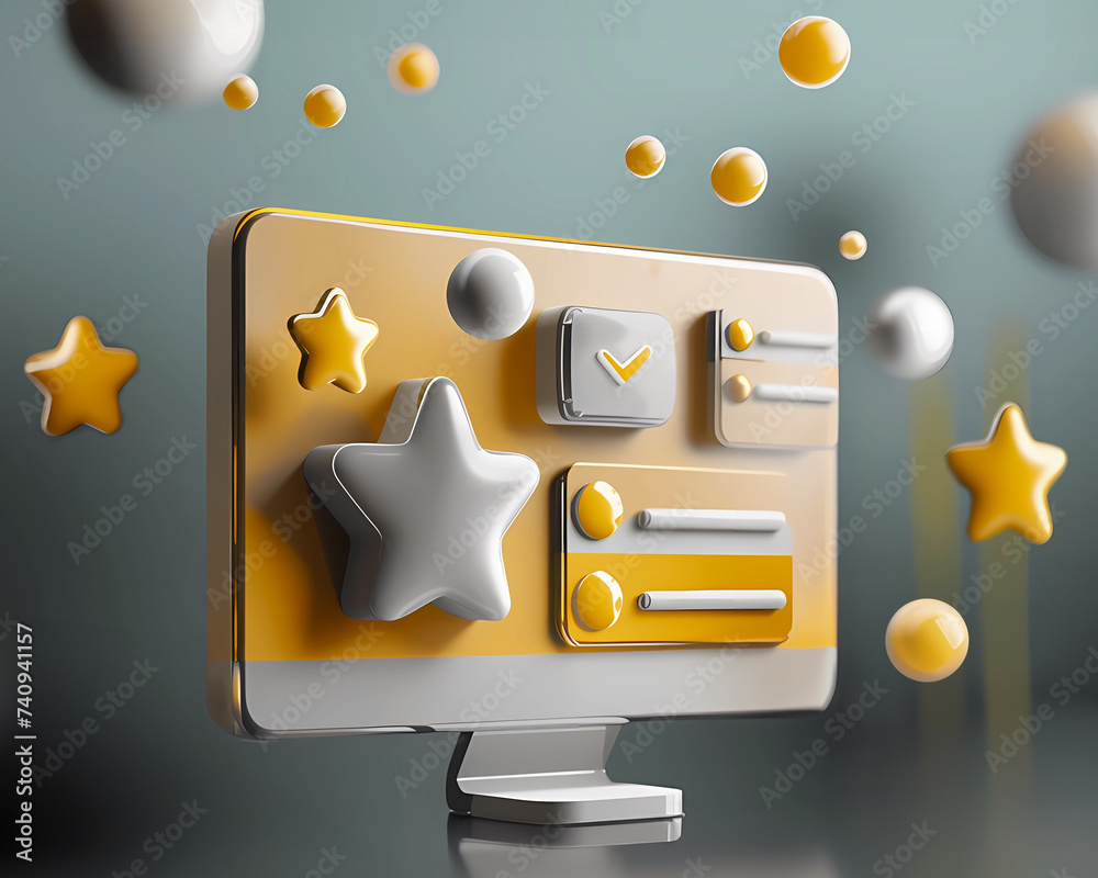 3d render style illustration of a computer monitor with stars, speech ...