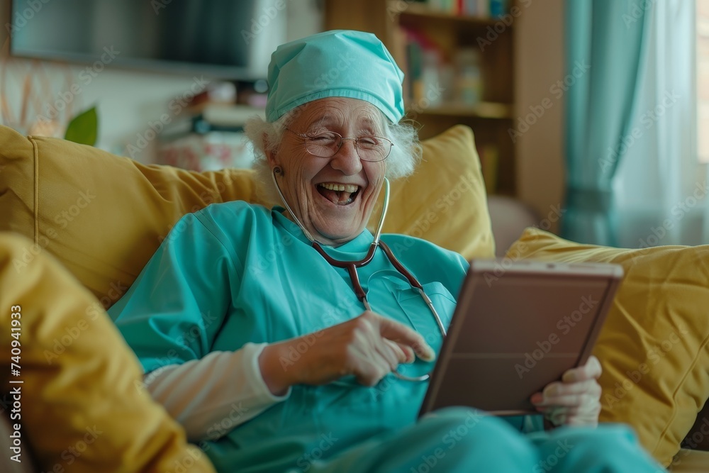 Women, nurses and medical caregivers smiling with technology while ...