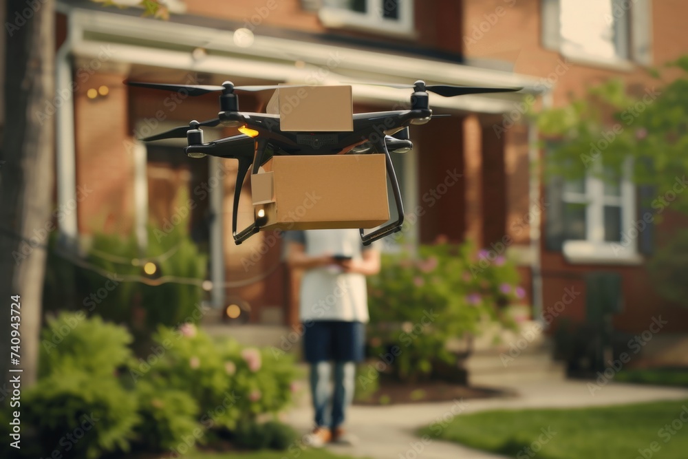 Smart package Drone Delivery delivery drone. Box shipping smart garage ...