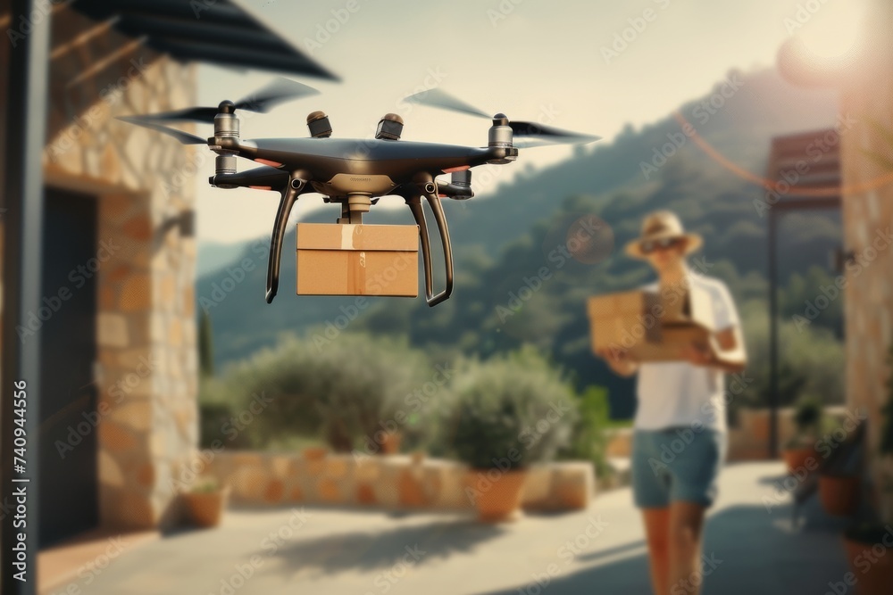 Smart package Drone Delivery intelligent city. Box shipping drone freight infrastructure parcel ...