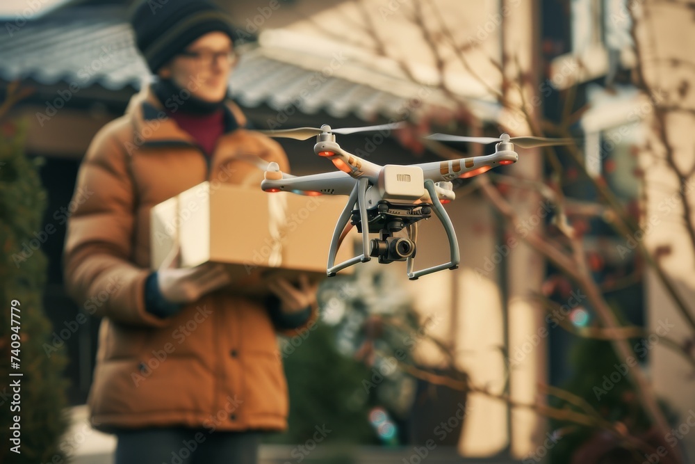 Smart package Drone Delivery urbanization innovation. Box shipping ...