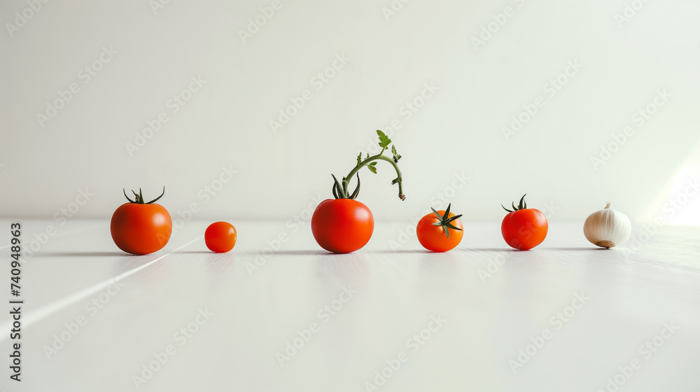Line of Tomatoes in Ascending Sizes with a Single Garlic Bulb on White ...