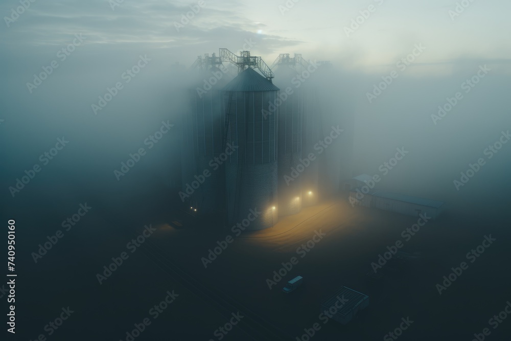 As dawn breaks, the towering silos of a granary facility emerge like ...