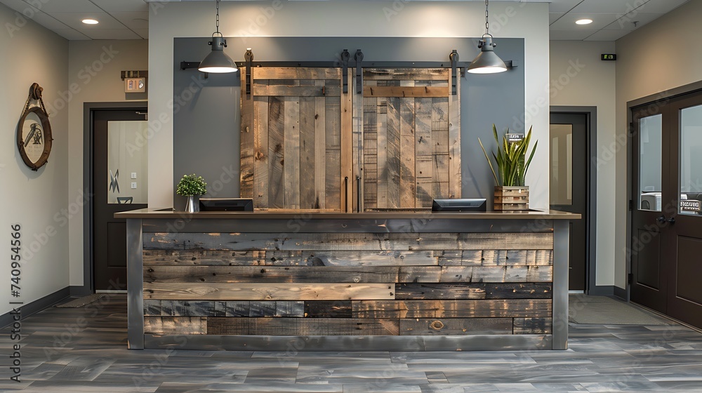 Modern farmhouse reception front desk design with barn wood accents and ...