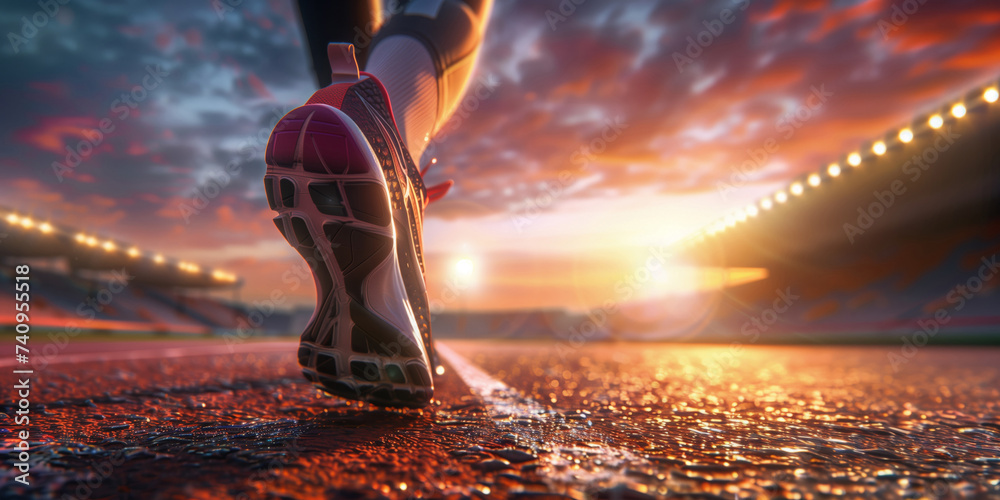 Focus on running shoe of athletic runner training in stadium at sunset ...