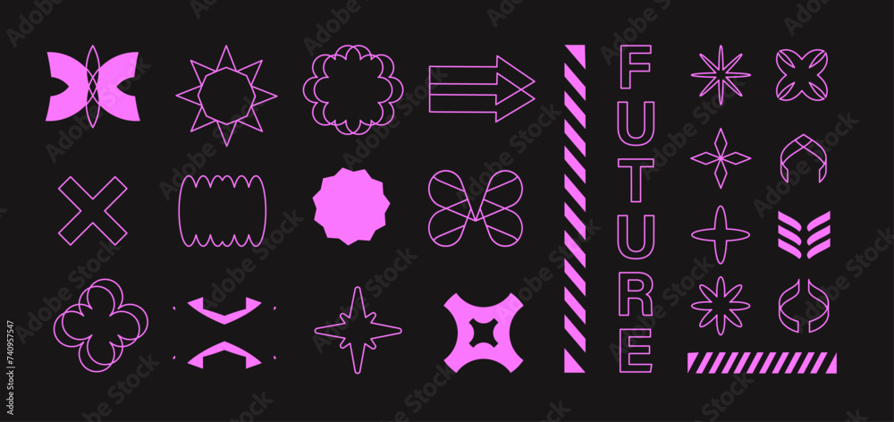 Retrofuturistic geometry design elements collection. Cyber neo futuristic style 80s 90s glitch ...