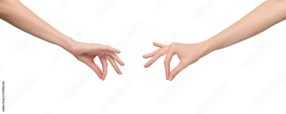 Two sides of female hand in a holding position by joining the thumb and ...