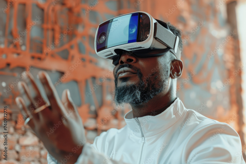 A man's human face is hidden behind a virtual reality headset, his ...