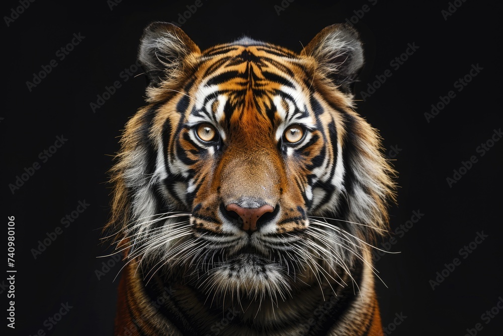 Front view of Sumatran tiger isolated on black background. Portrait of ...