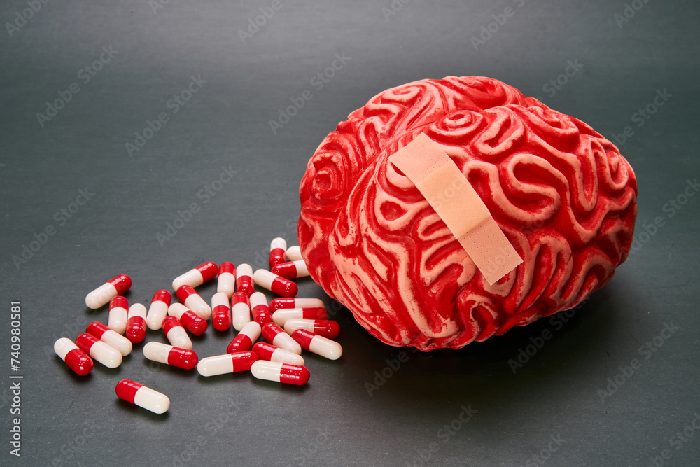 Depiction of a red human brain with a pile of capsules, pills and a ...