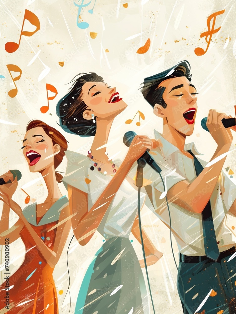 Stockfoto This is an animated illustration depicting a trio of singers ...